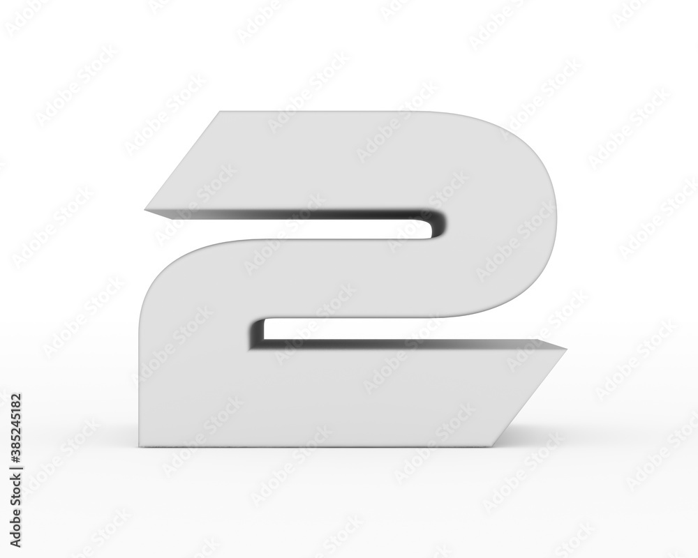 Number 2 - white gray futuristic 3d font standing isolated on white ...