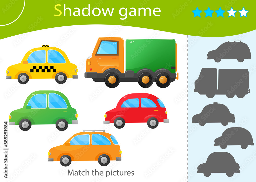 Shadow Game for kids. Match the right shadow. Color images of cartoon ...