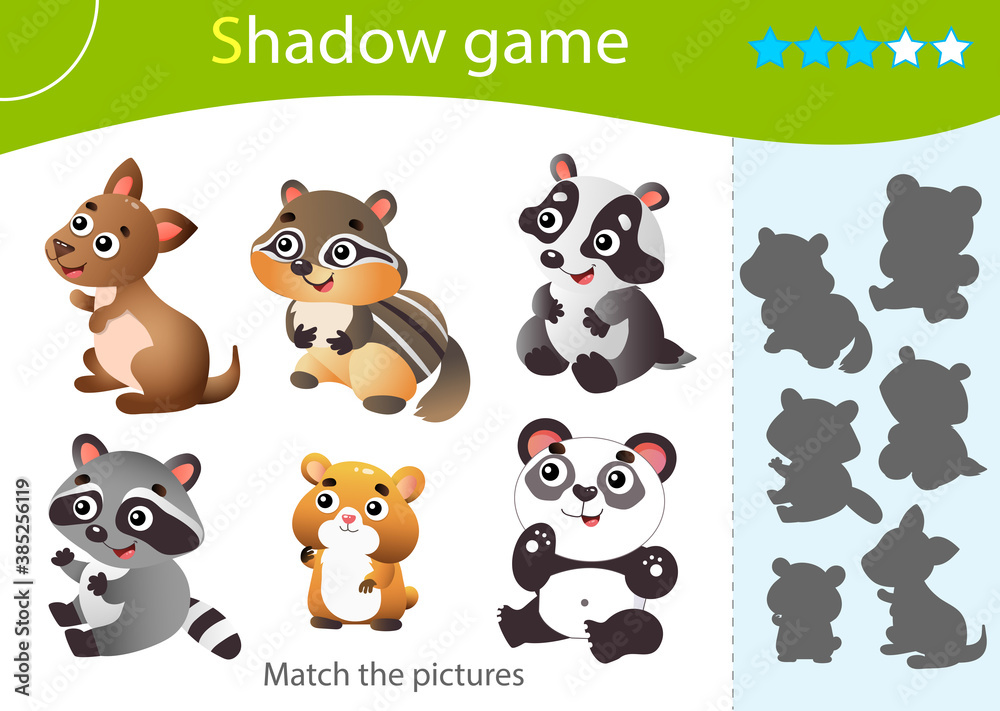 Vetor de Shadow Game for kids. Match the right shadow. Color images of ...
