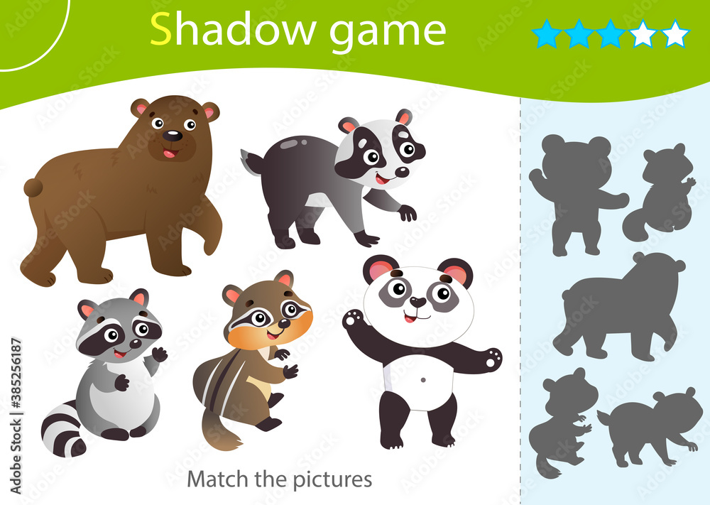 Shadow Game for kids. Match the right shadow. Color images of animals ...