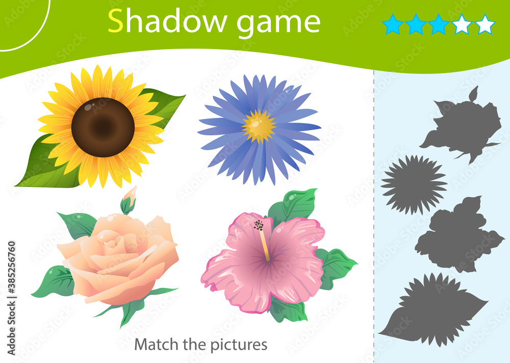 Shadow Game for kids. Match the right shadow. Color images of flowers ...