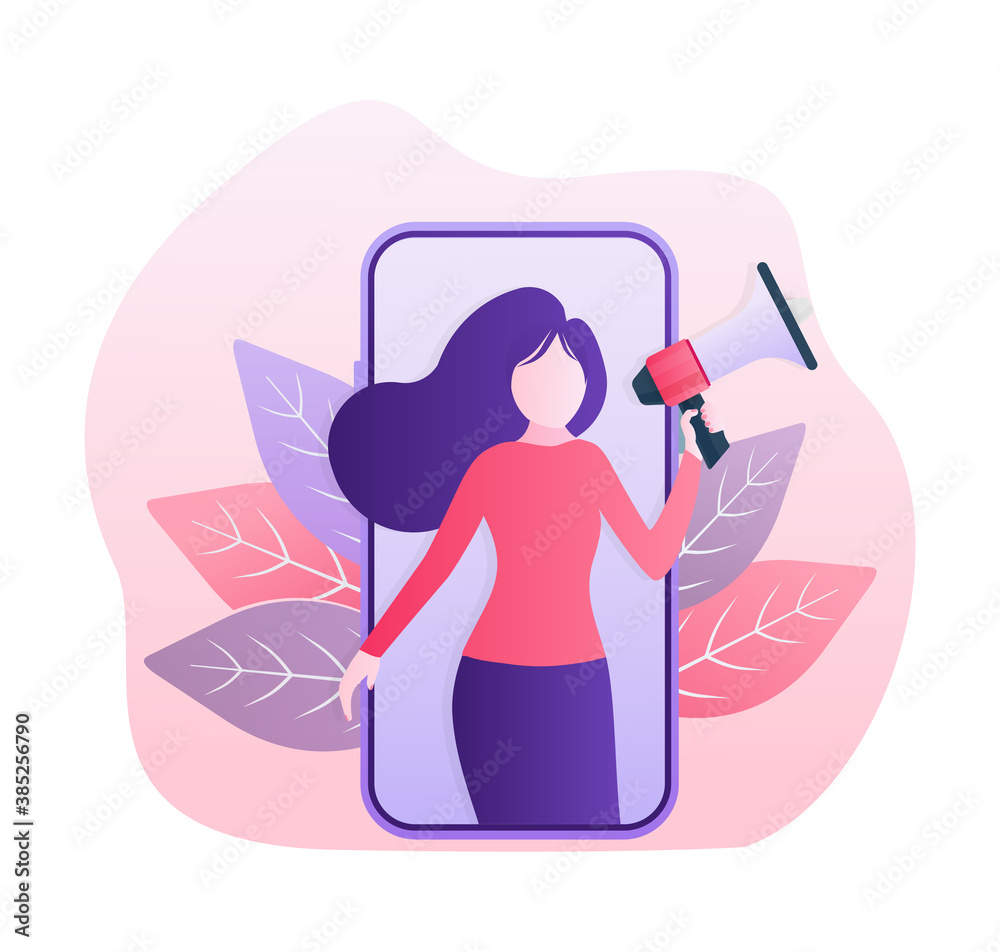 Woman with megaphone in retro style on yellow background. Woman with ...