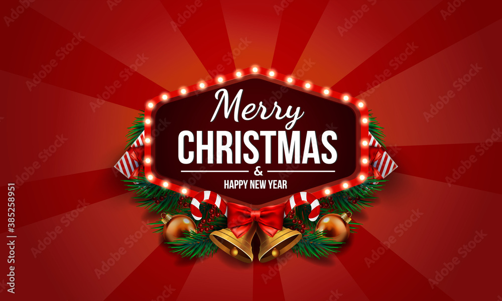 Christmas banner, Xmas sparkling lights garland with gifts box. Holiday ...