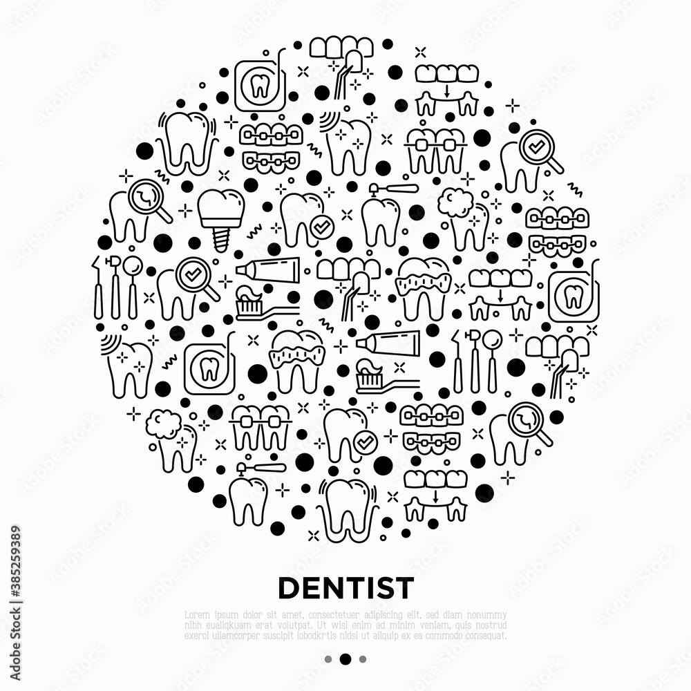 Dentist concept in circle with thin line icons: dental instruments ...