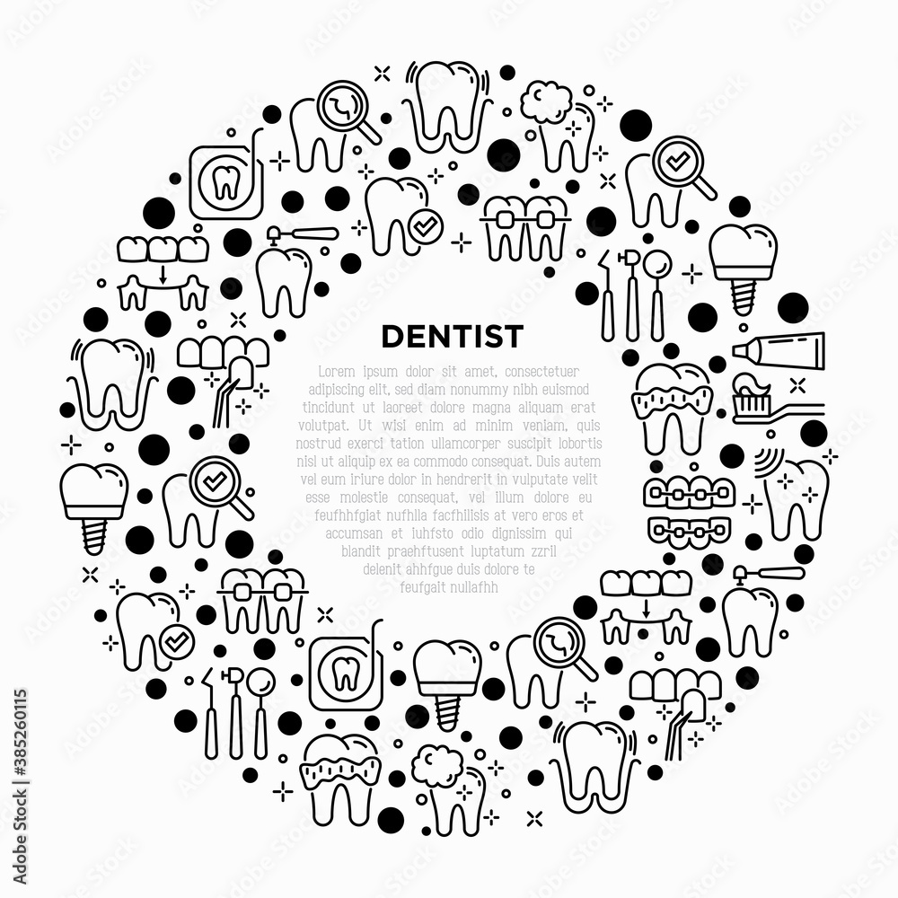 Dentist concept in circle with thin line icons: dental instruments ...