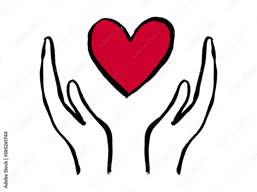 Heart in hands thin line red icon on white background, happy valentine ...