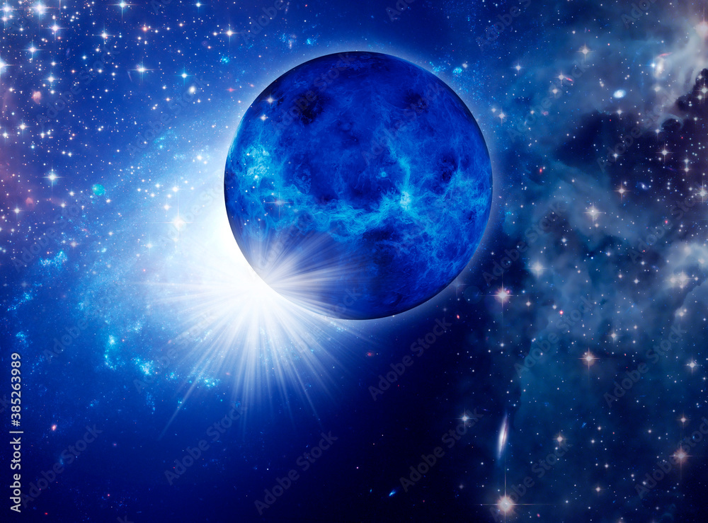 blue planet with rays of light, stars, galaxy like blue Universe space ...