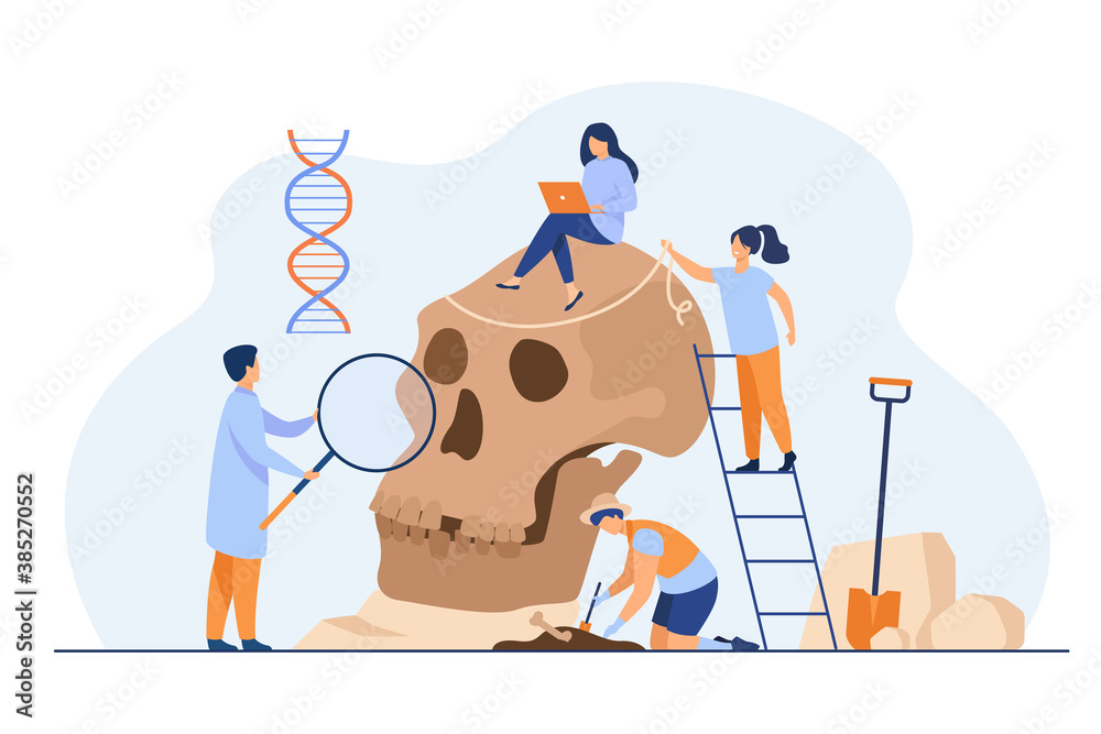 Tiny anthropologists studying Neanderthal skull flat vector ...
