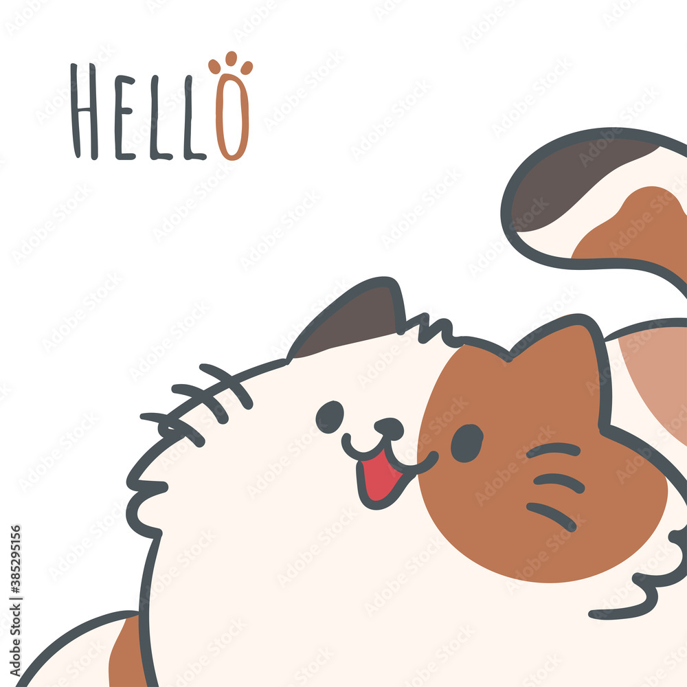 Hand drawn cute cartoon cat with lettering " Hello ". Isolated on white ...