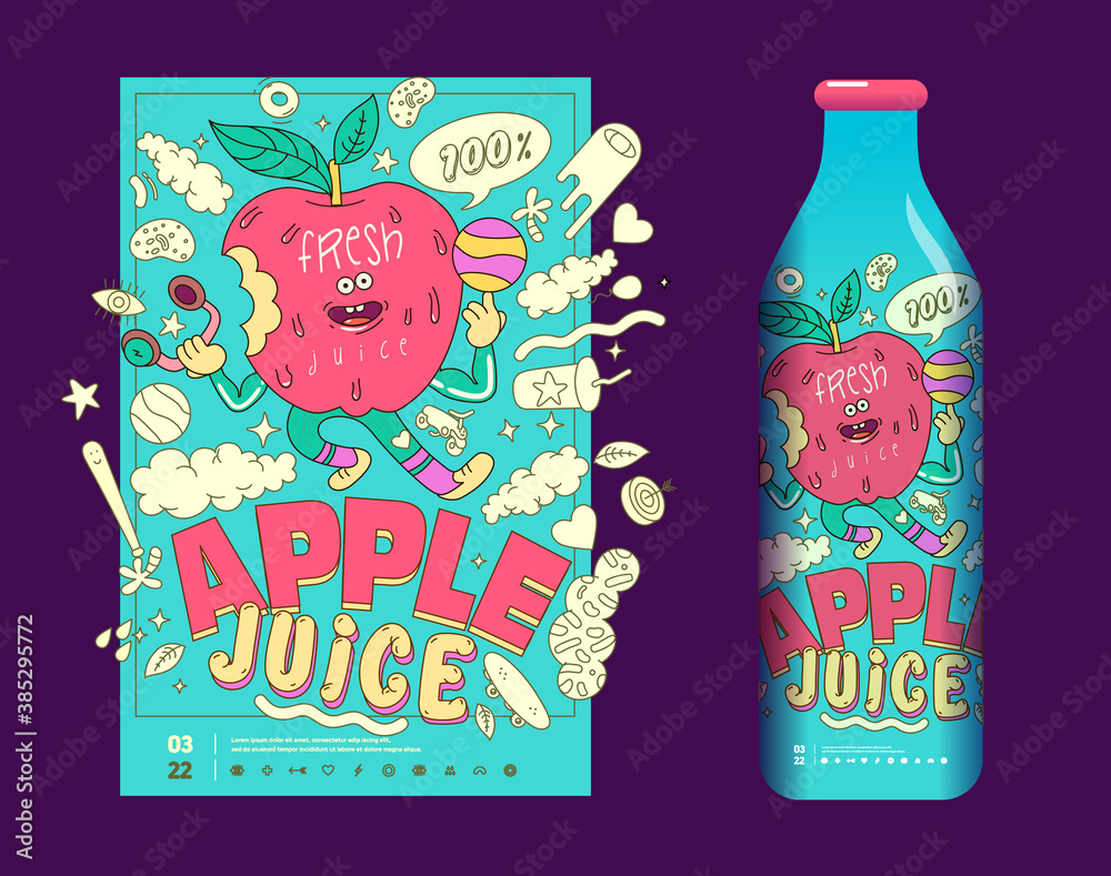 Apple juice label bottle layout and poster. Vector illustration. Stock ...