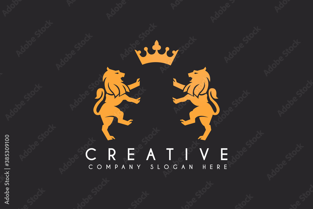 two lion with crown vector logo design isolated on black background ...