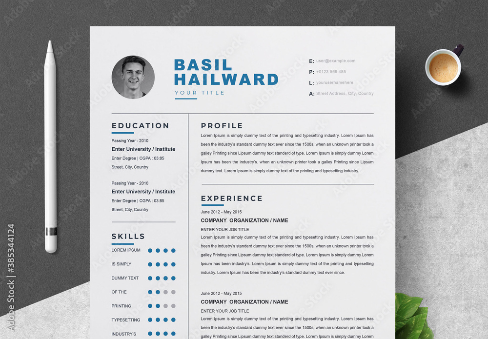Professional Resume Layout with Photo Placeholder Stock Template ...