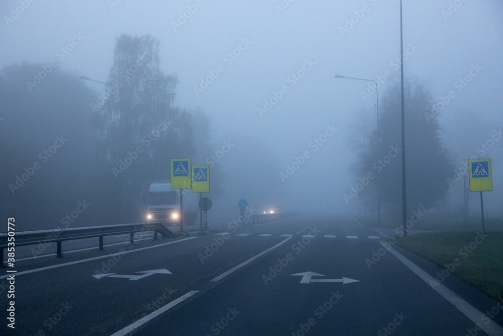Pedestrian crossing with bright road signs on street in fog. foto de ...