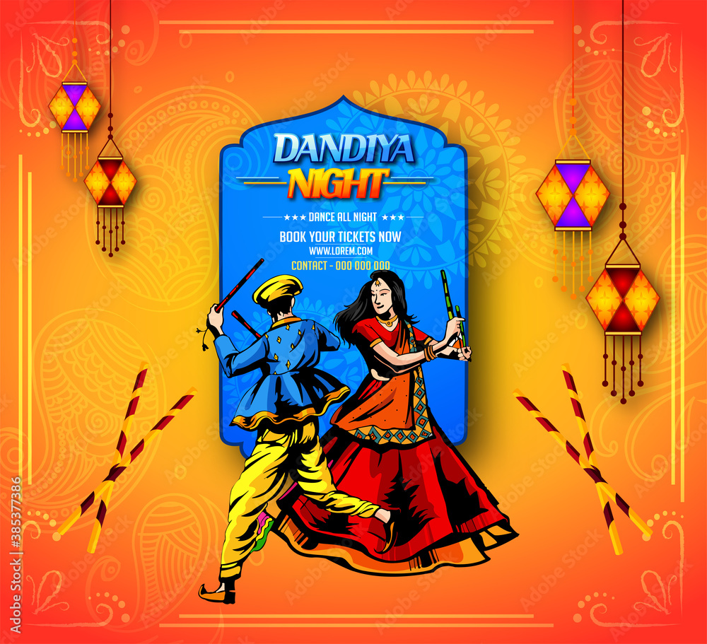 Vector design of Indian couple playing Garba in Dandiya Night in disco ...