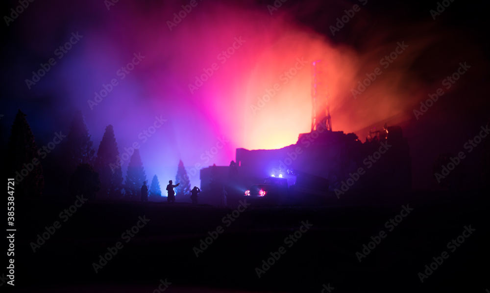 Chernobyl nuclear power plant at night. Layout of Chernobyl station ...