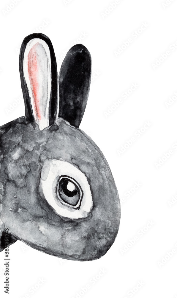 Water color illustration of cute black bunny character curiously ...
