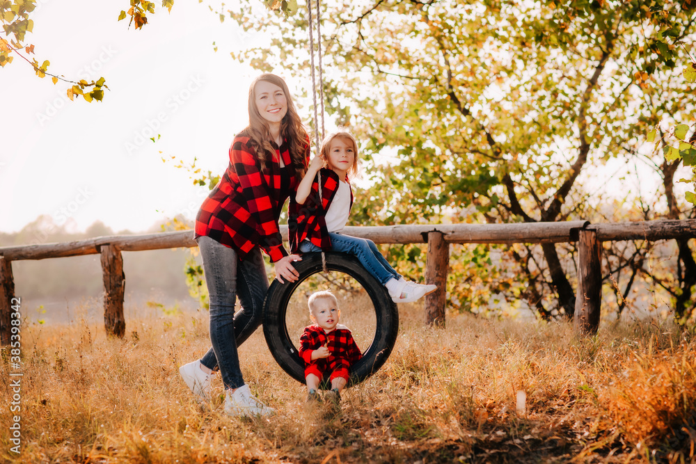 Beautiful young mother rides her son and daughter on a tire on a rope ...