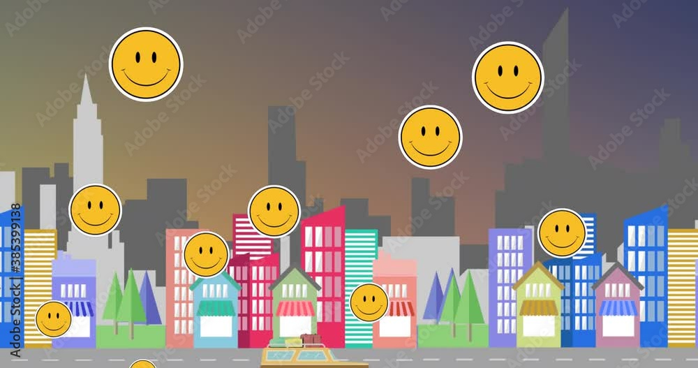 Multiple smiley face emojis floating against cityscape Stock 비디오 ...