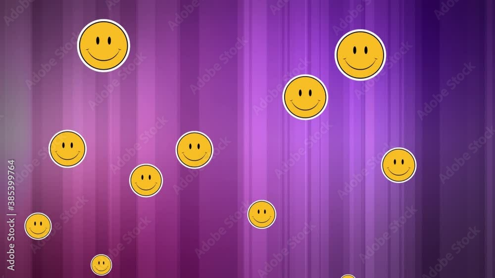 Multiple smiley face emojis floating against purple background Stock ...