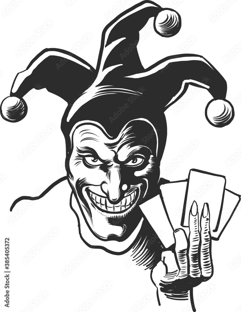 Evil jester character with a deck of playing cards. Black and white ...