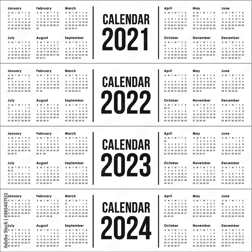 Year 2021 2022 2023 2024 calendar vector design template, simple and ...