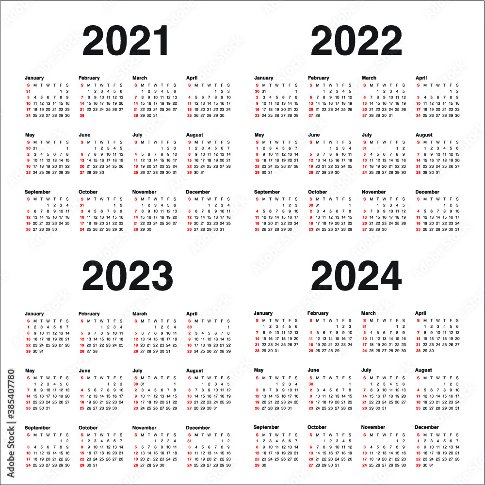 Year 2021 2022 2023 2024 calendar vector design template, simple and ...