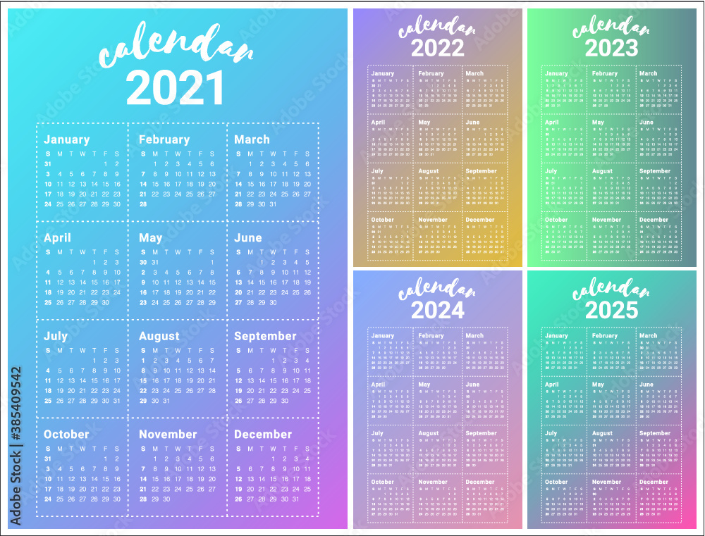 Year 2021 2022 2023 2024 2025 calendar vector design template, simple ...