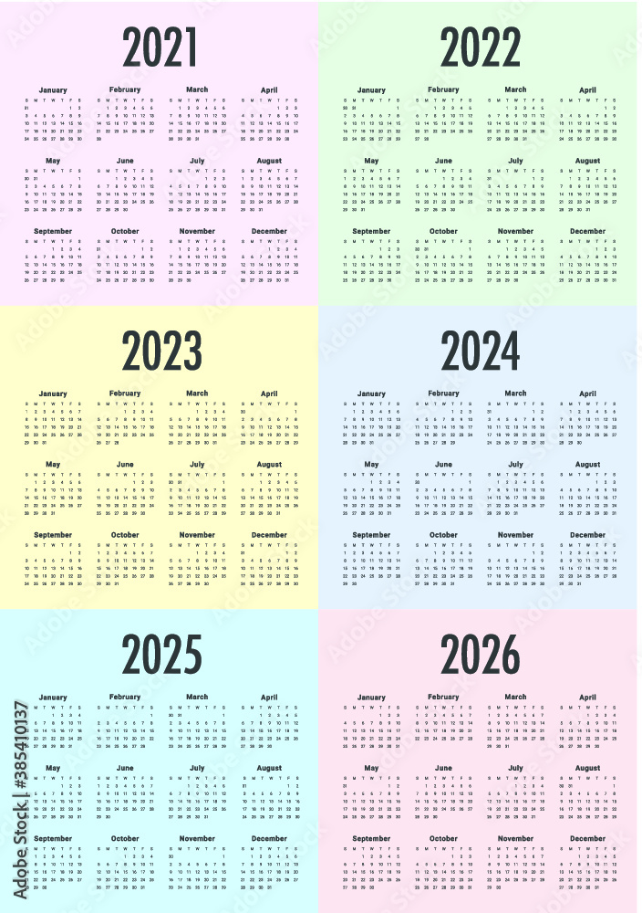 Year 2021 2022 2023 2024 2025 2026 calendar vector design template ...