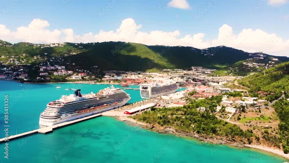 drone footage of cruise port on st thomas us virgin islands. Stock ...