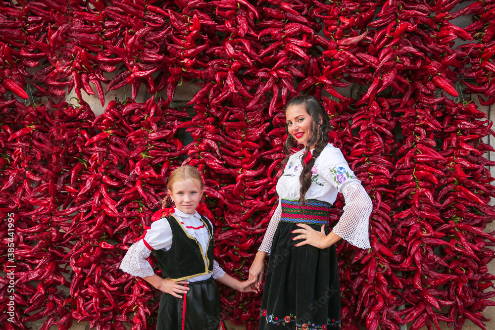 Girls dressed on traditional Serbian Balkan clothing, national folk ...