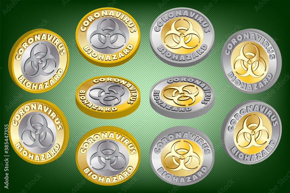 3d set of bimetallic coin tokens with a biohazard sign and the ...