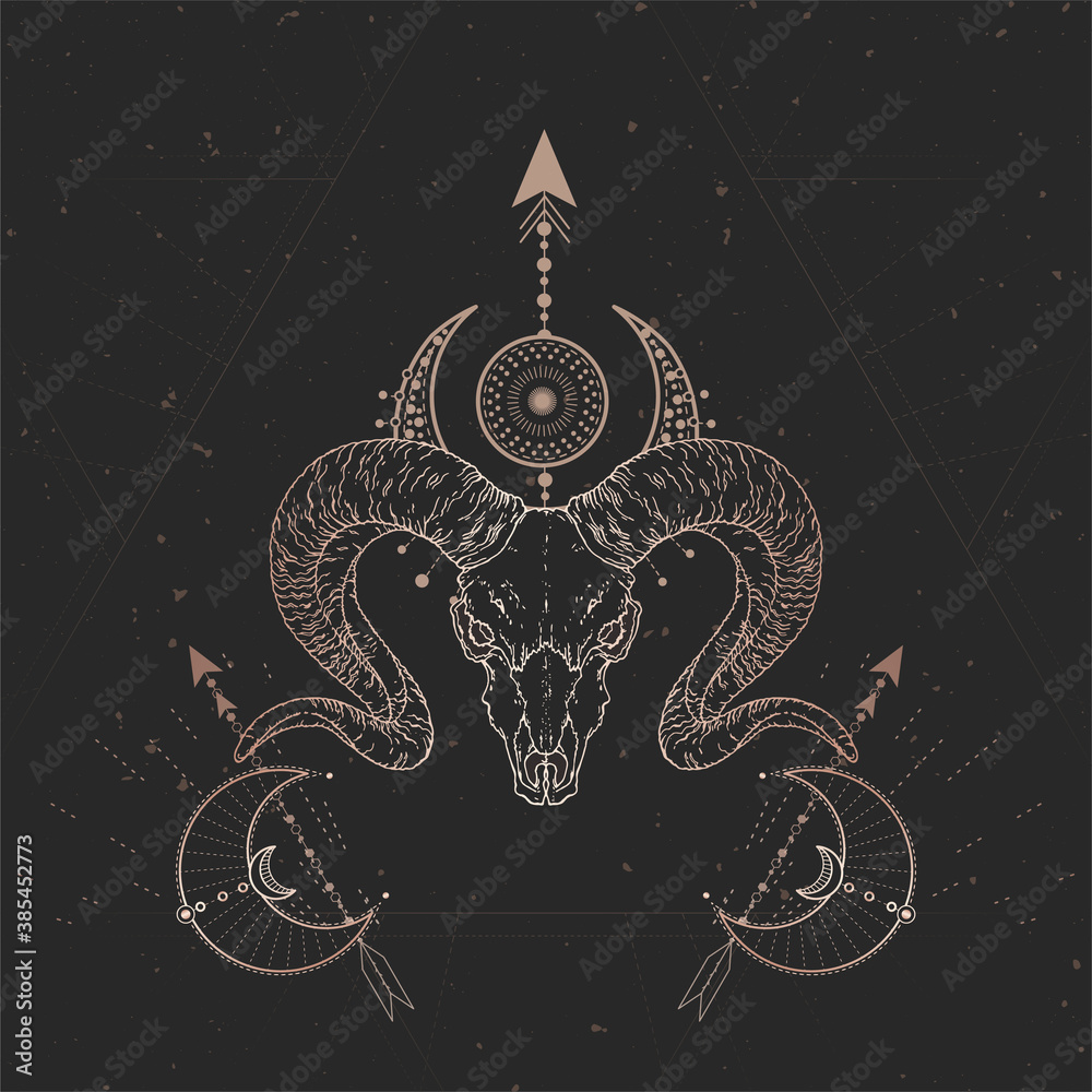 Vector illustration with hand drawn Wild ram skull and Sacred geometric ...