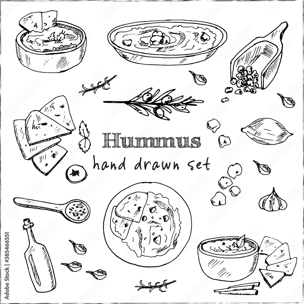 Hummus set with food and drink hand drawn doodles. Vector illustration ...