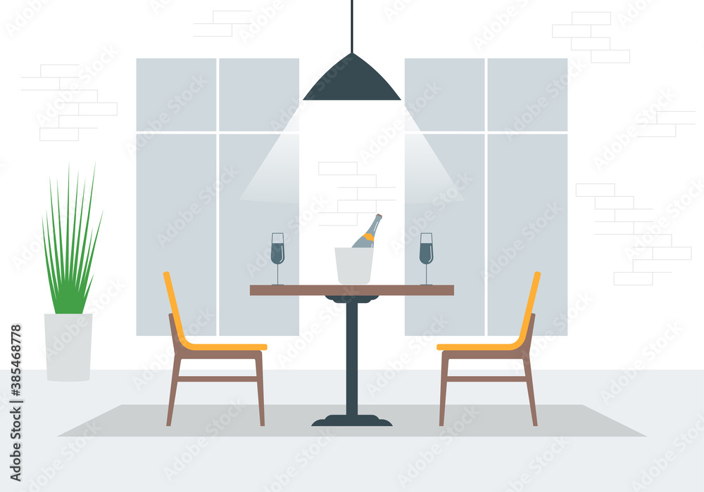 Restaurant interior with dining table, chairs and window. Modern cafe ...