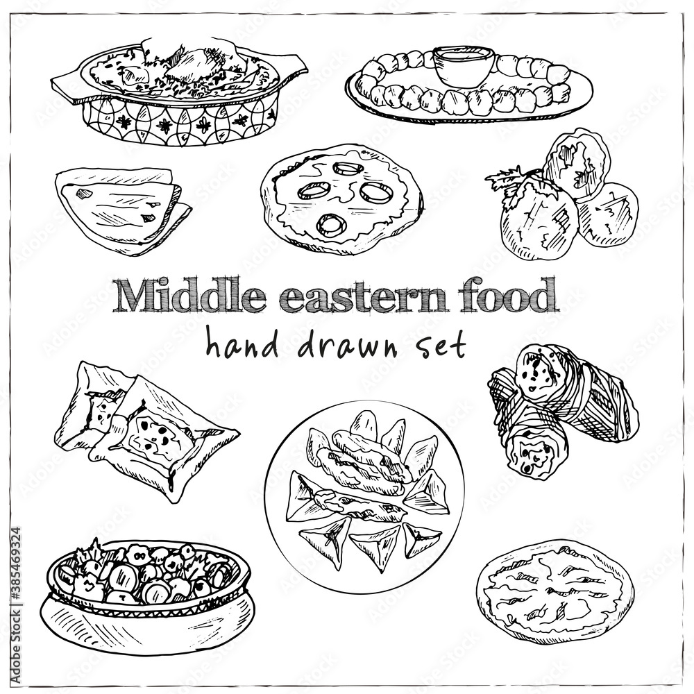 Middle eastern food menu doodle icons on chalkboard. Vector ...