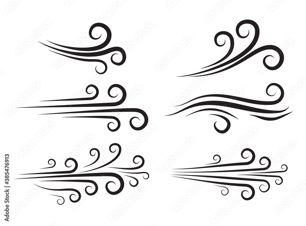 Wind blow icon set. Windy weather swirl vector shape. Silhouette of ...