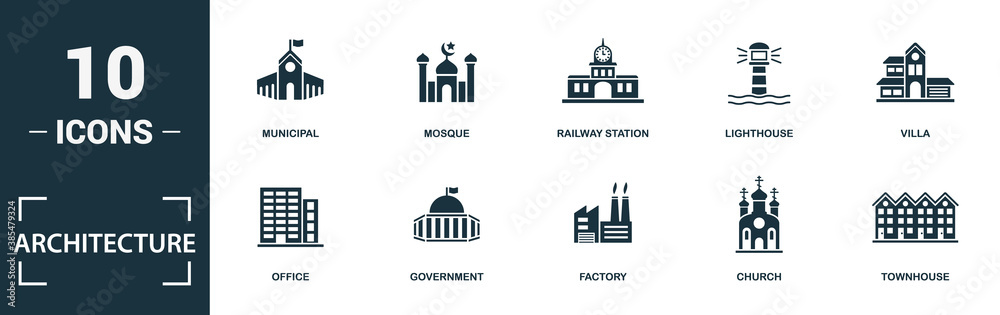 Architecture icon set. Monochrome sign collection with office ...