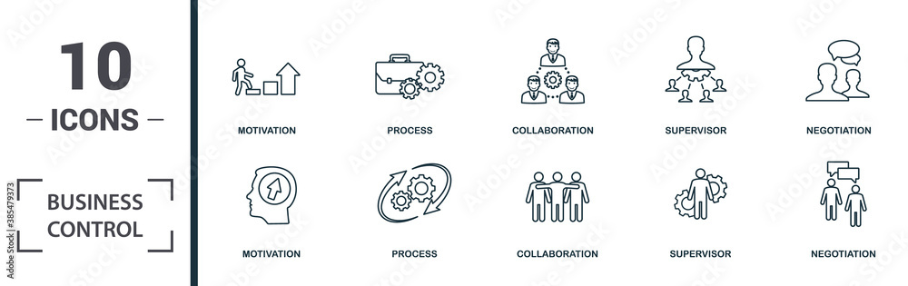 Business Control icon set. Monochrome sign collection with motivation ...