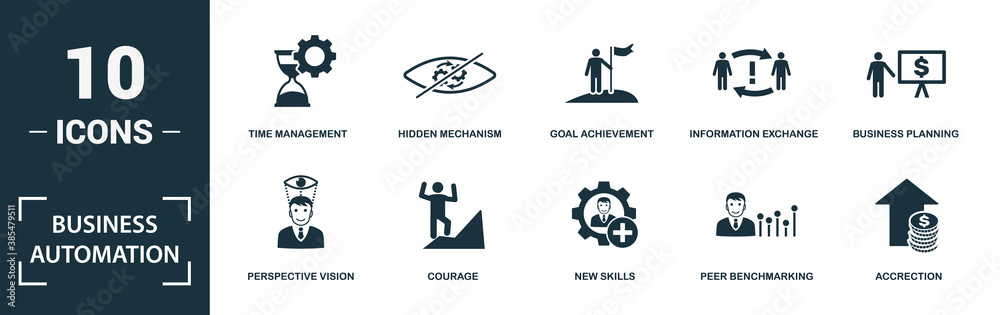 Business Automation icon set. Monochrome sign collection with time ...