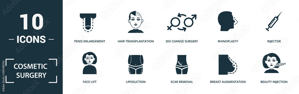 Cosmetic Surgery icon set. Monochrome sign collection with face lift ...