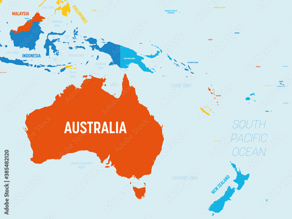Australia and Oceania map - 4 bright color scheme. High detailed ...