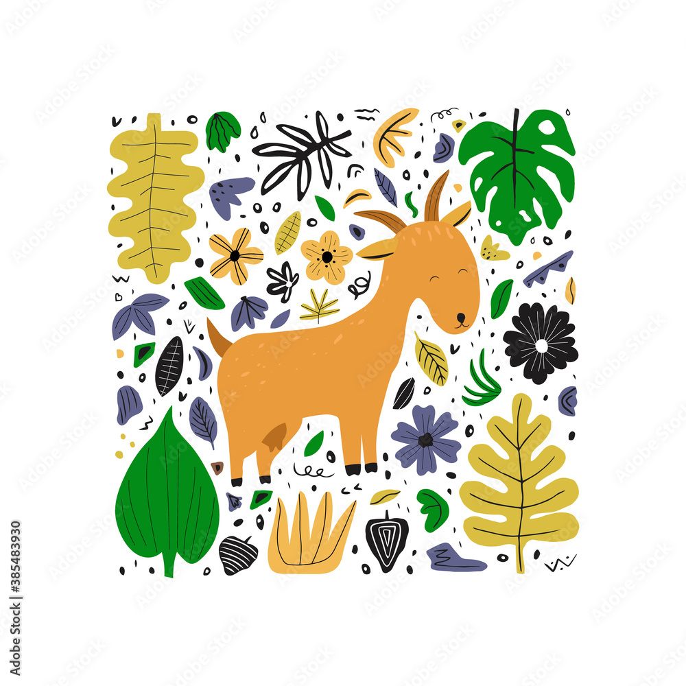 Web banner with cute hand drawn goat, flowers and leaves. Childish ...