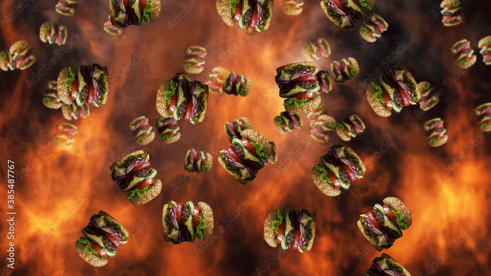 Hamburgers falling with smoke and burning fire in background. Fast food ...