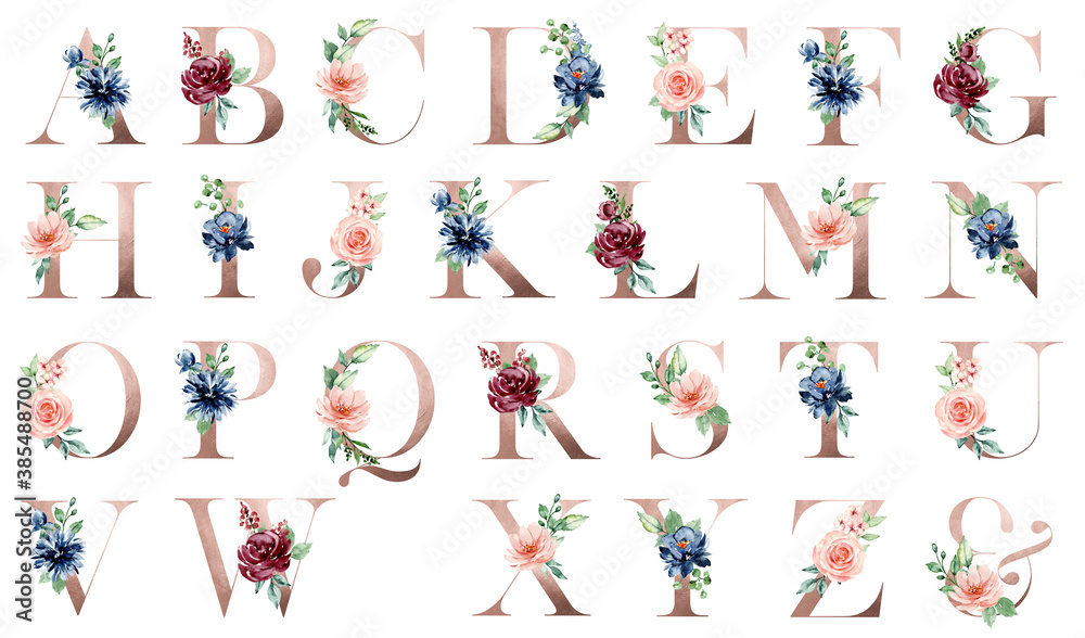 Letters set, pink floral alphabet with watercolor flowers and leaf ...