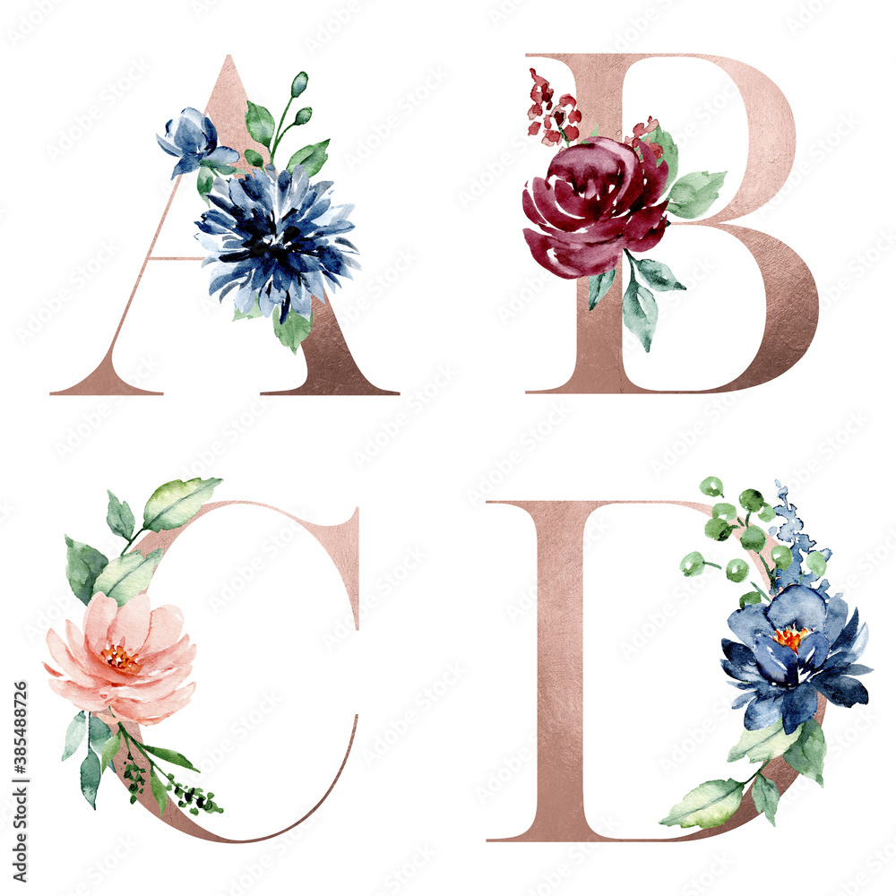 Letters set, pink floral alphabet with watercolor flowers and leaf ...