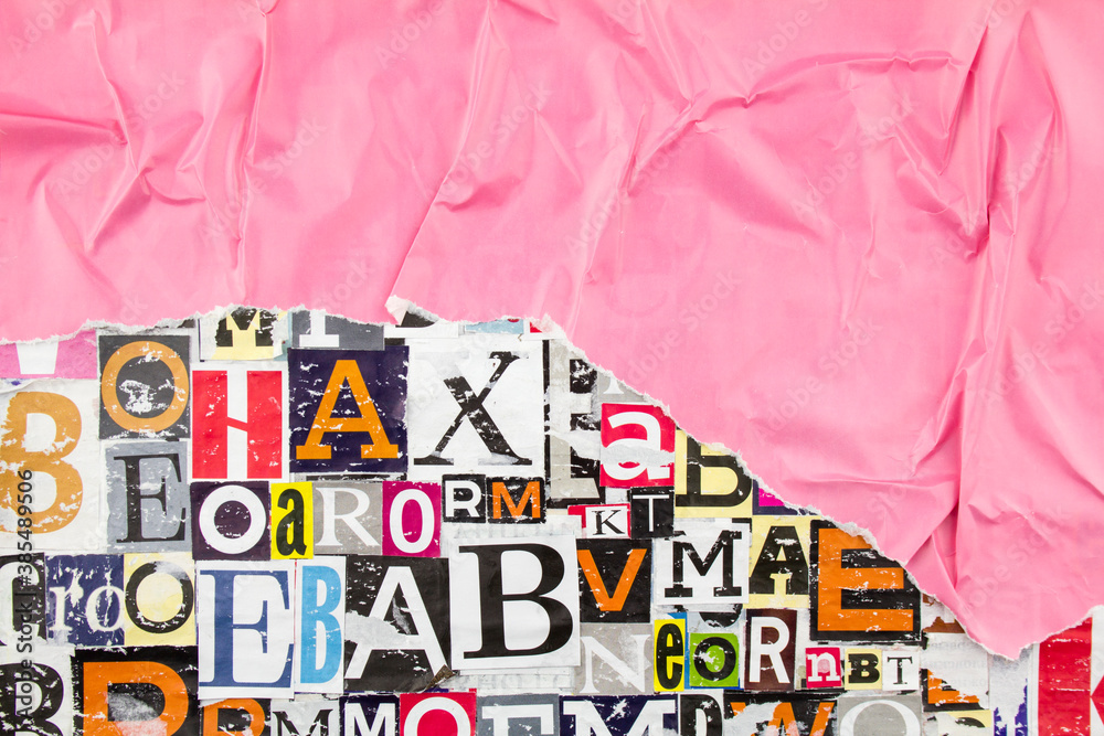 Torn and crumpled pink glossy paper on colorful collage from magazine ...