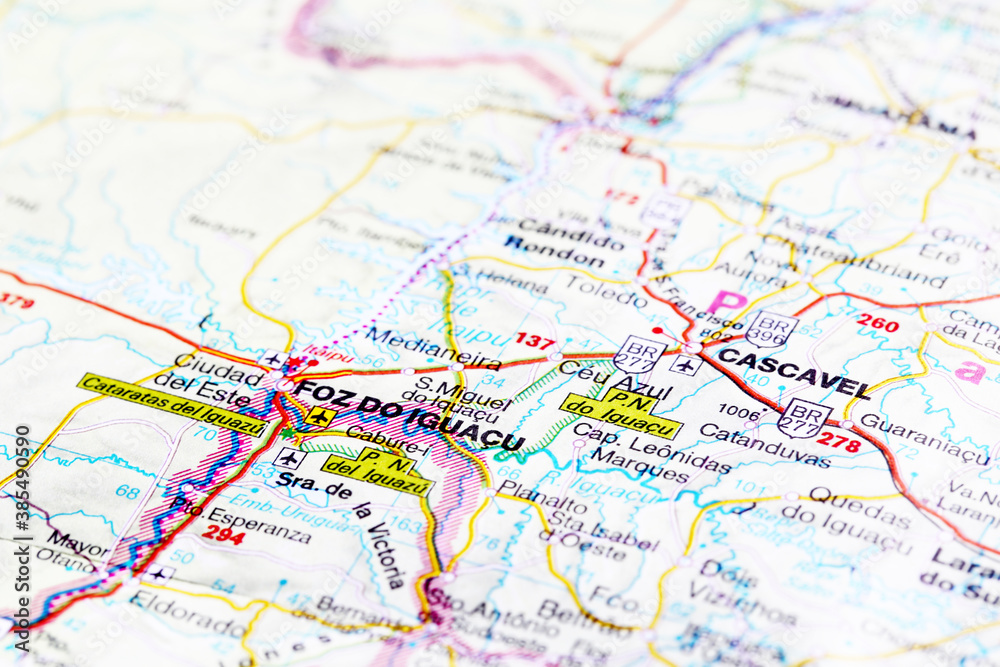 Foz do Iguacu road map area. Closeup macro view Stock Photo | Adobe Stock