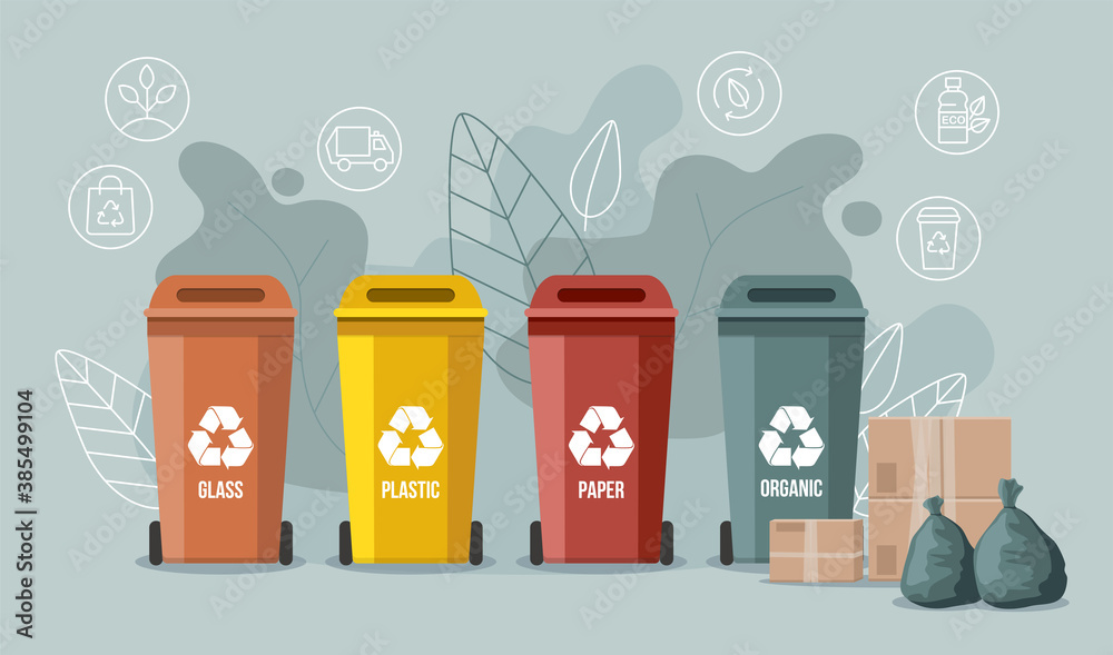 Waste sorting. Trash containers. Organic, e-waste, plastic, paper ...