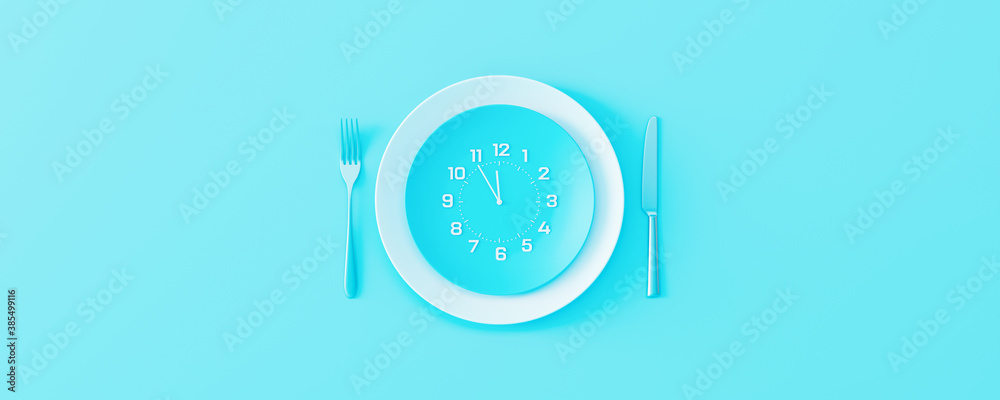 Clock in dinner plate with fork and knife on pastel blue background ...