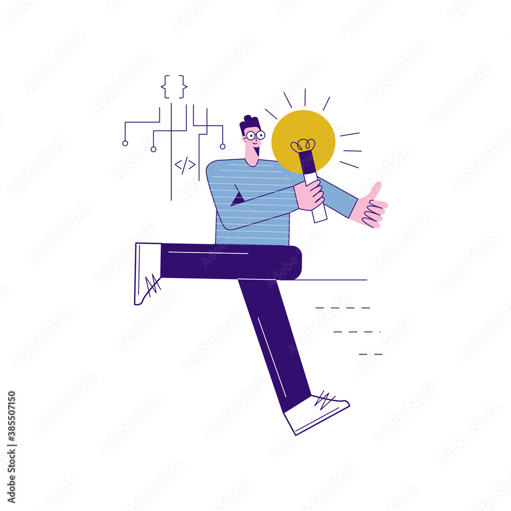Search for ideas for software development. Male character is holding a ...